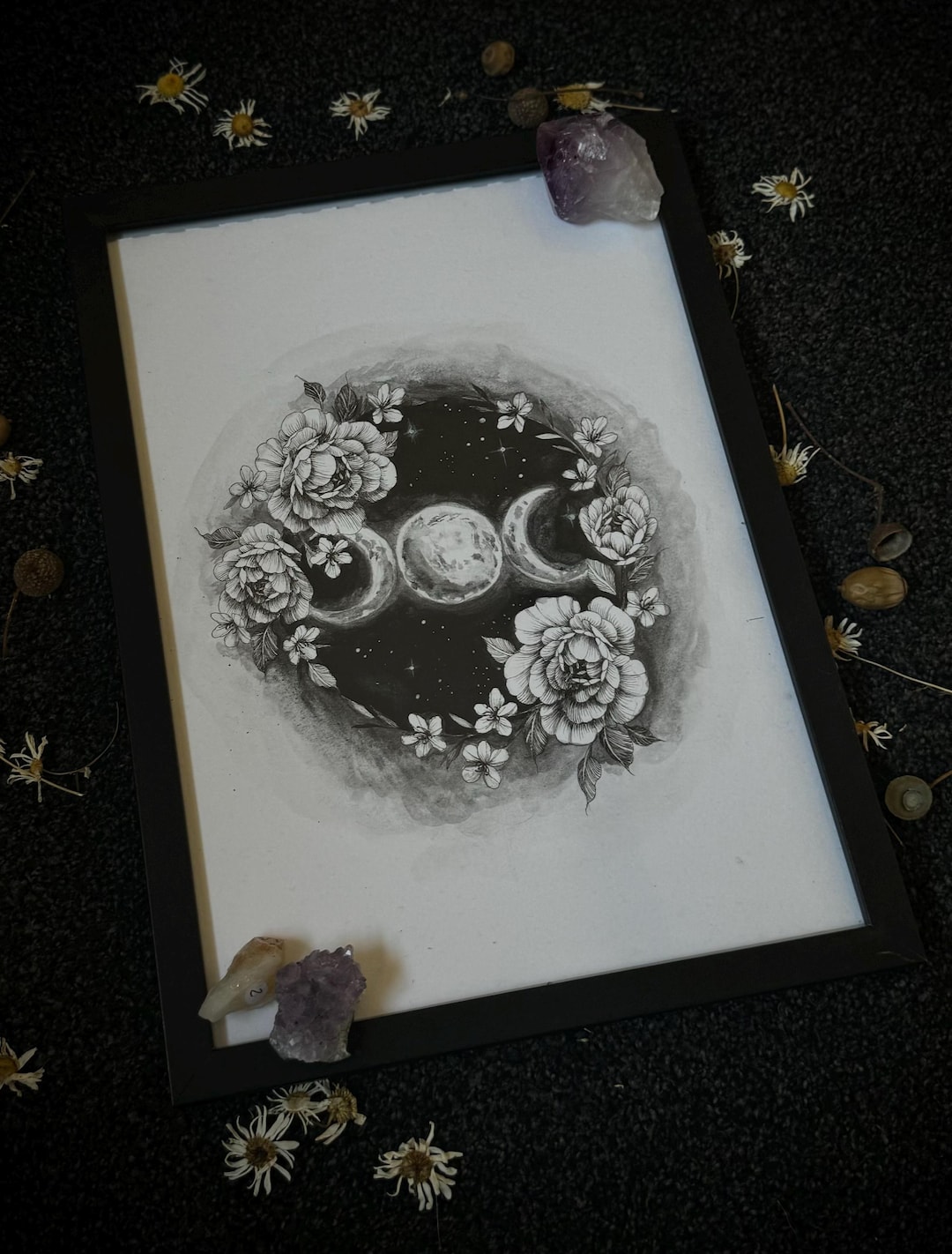 Floral Triple Moon Goddess A4 Print - Gothic Pagan Witchy Art - Etsy