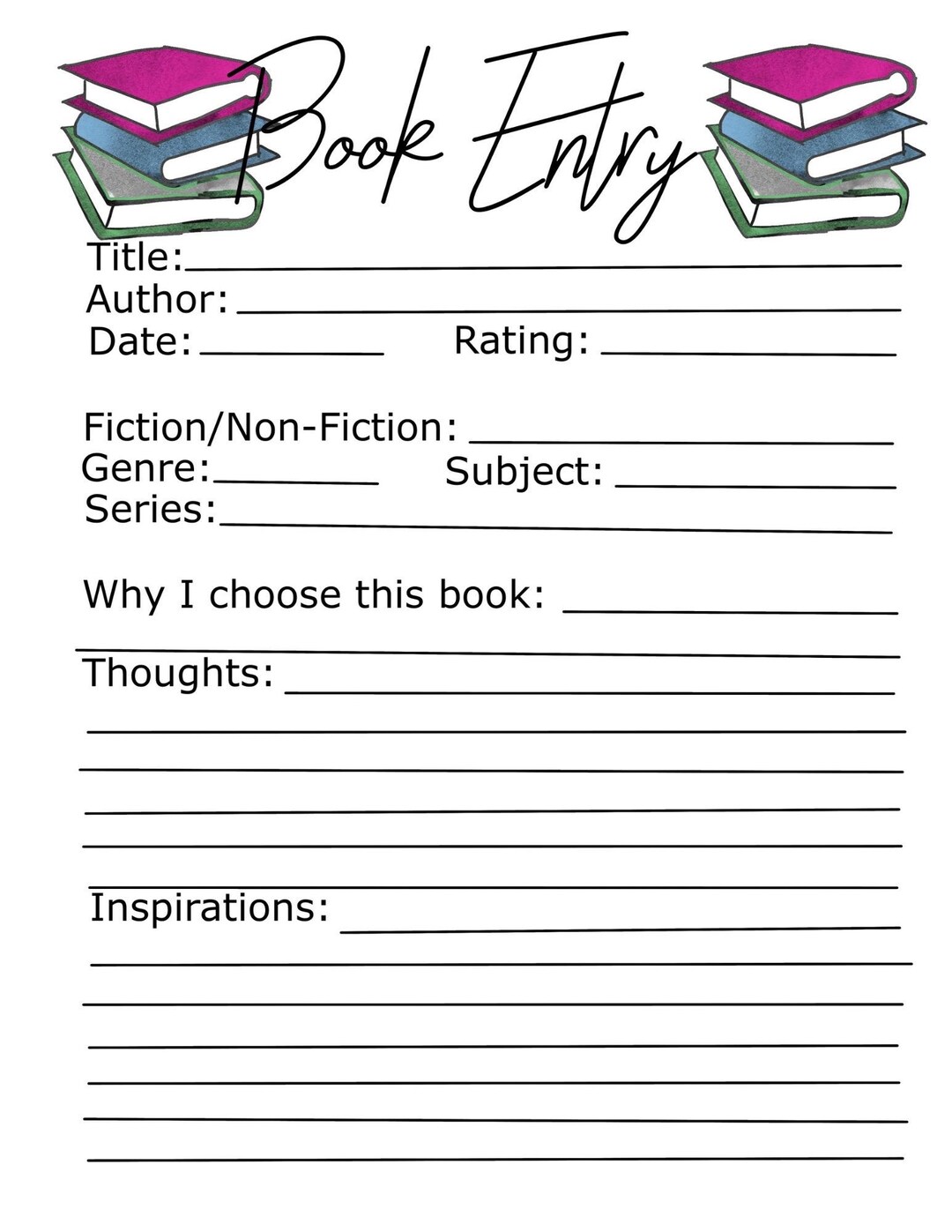 Book Entry Printable, Reading Journal Printable, Printable Bullet ...