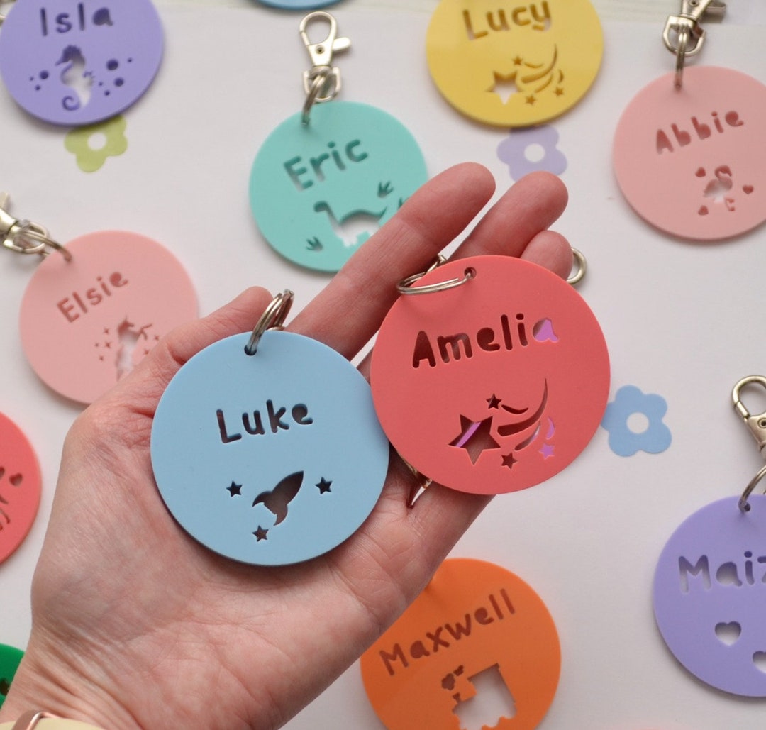 Personalised Kids Round Key Ring School Bag Name Tag, Lunch Bag Keyring ...