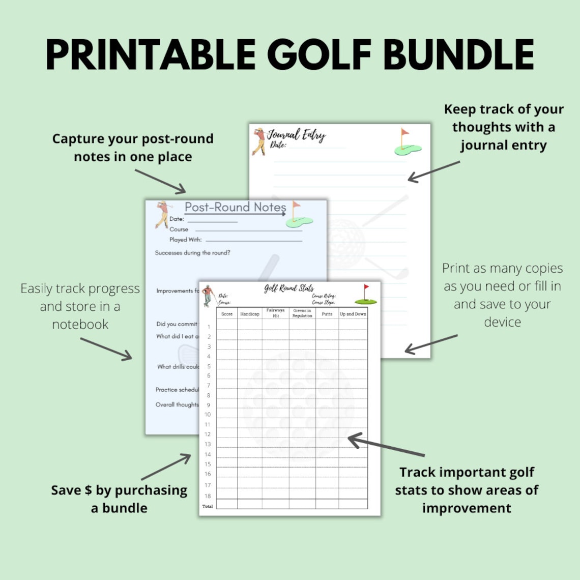 FILLABLE, Golf Printable Bundle, Golf Stat Tracker, Blank Journal Entry ...