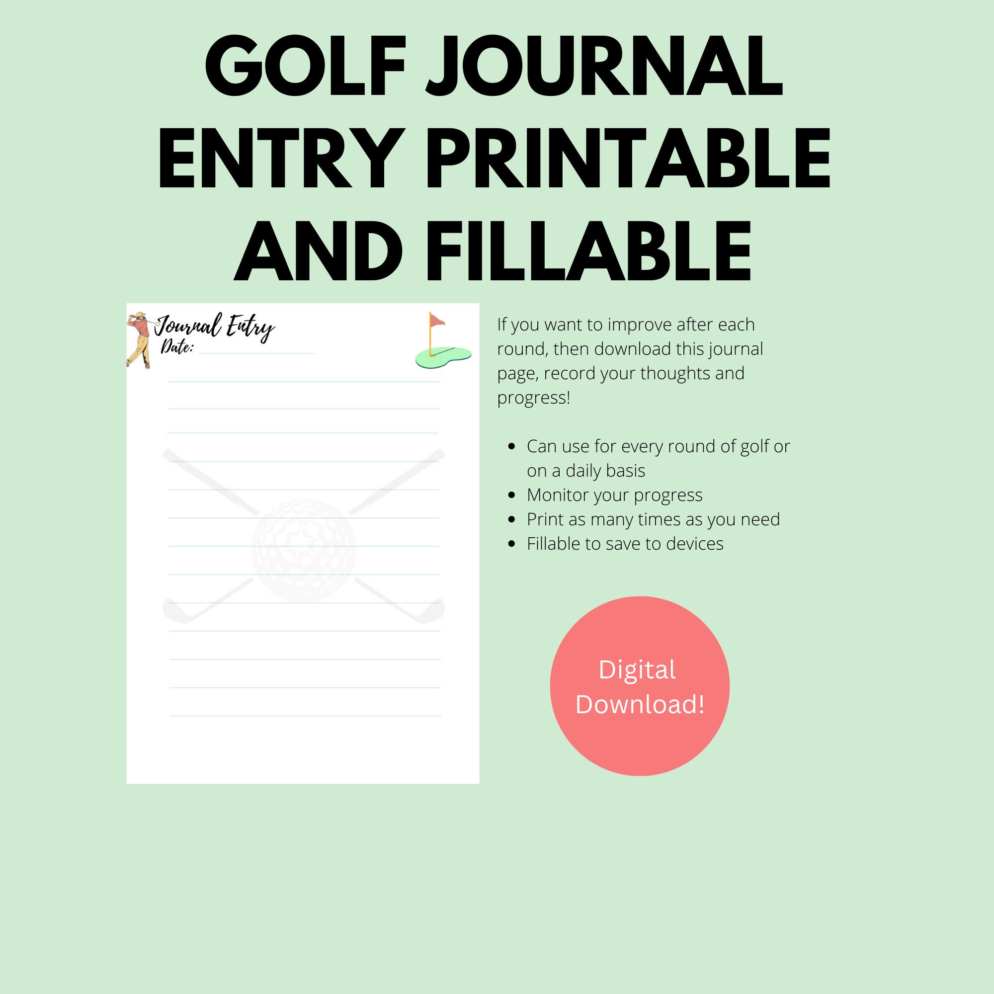Golf Journal Entry Printable, FILLABLE, Instant Download, Golf ...