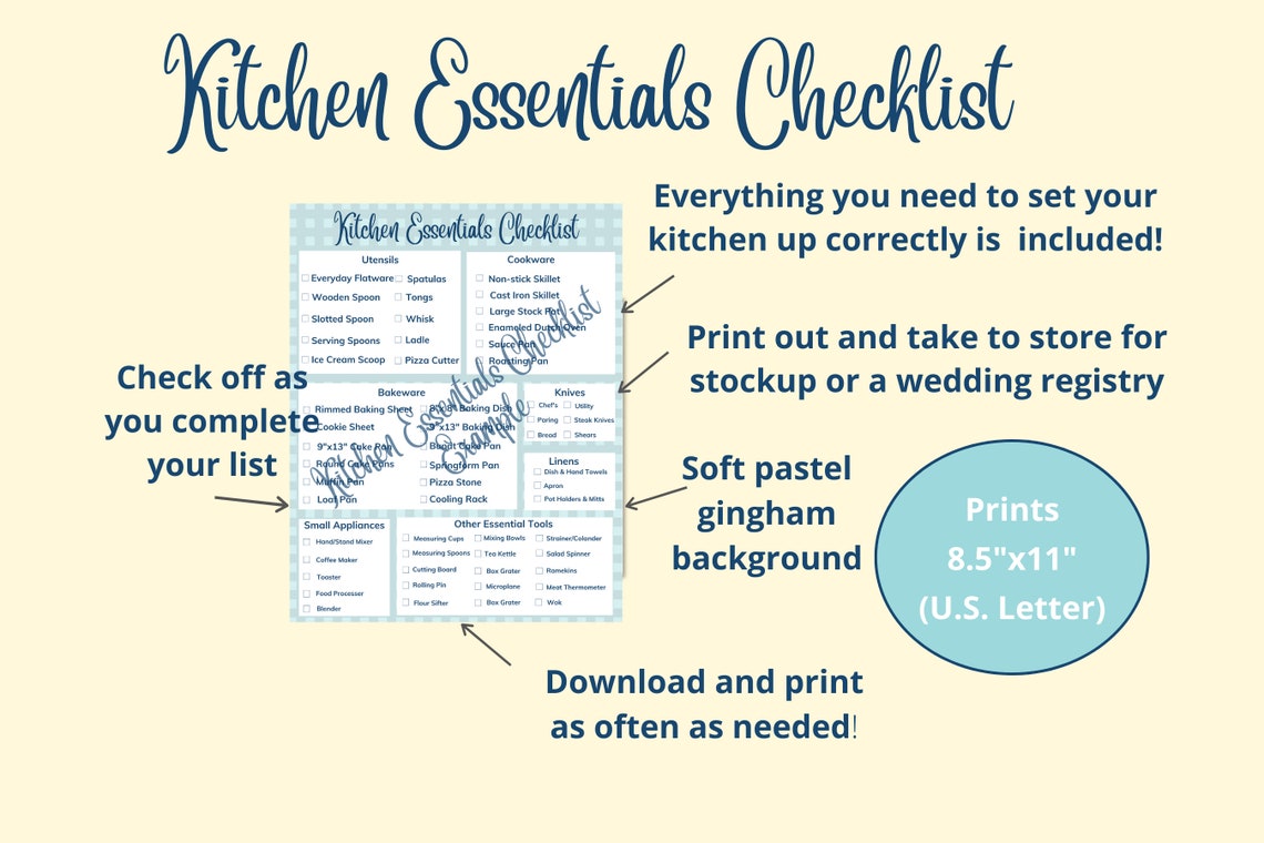 Kitchen Essentials Checklist Printable | Instant Download | Kitchen ...