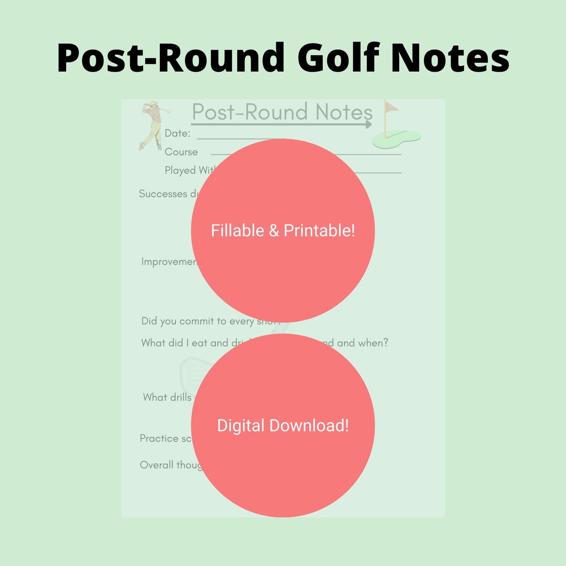 Golf Printable, Post-round Questionnaire, FILLABLE, Golf Stats, Blank ...