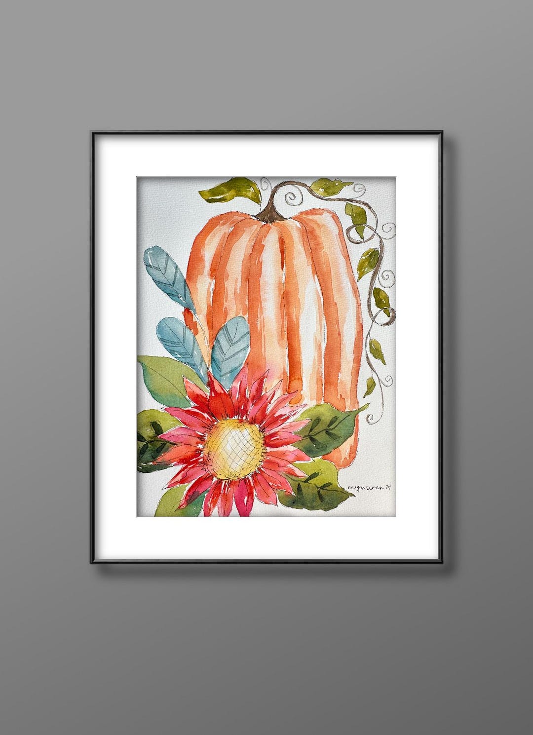 Watercolor Fall Pumpkin Painting welcome Back Autumn 12x9 This is a One ...