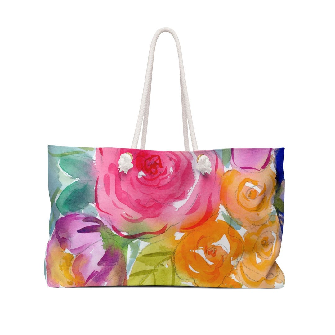 Bold Floral Watercolor Weekender Bag, Oversized Tote, Joyful Colorful ...