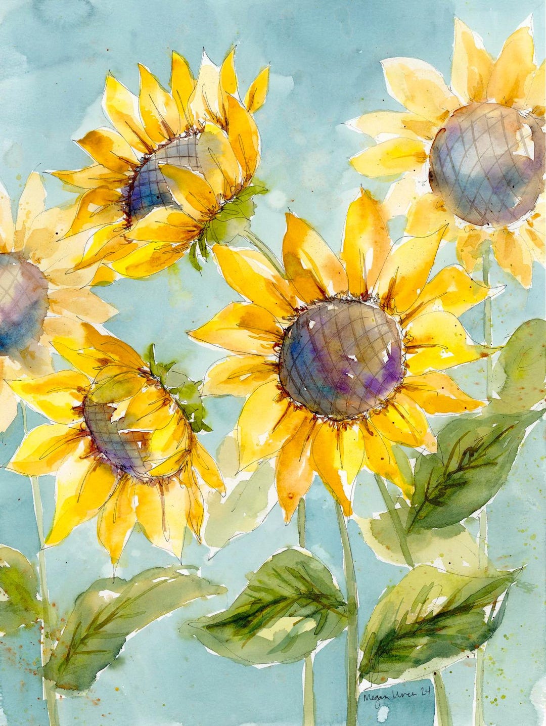 Sunflower Field Watercolor Painting, 11x15 Original Art - Etsy