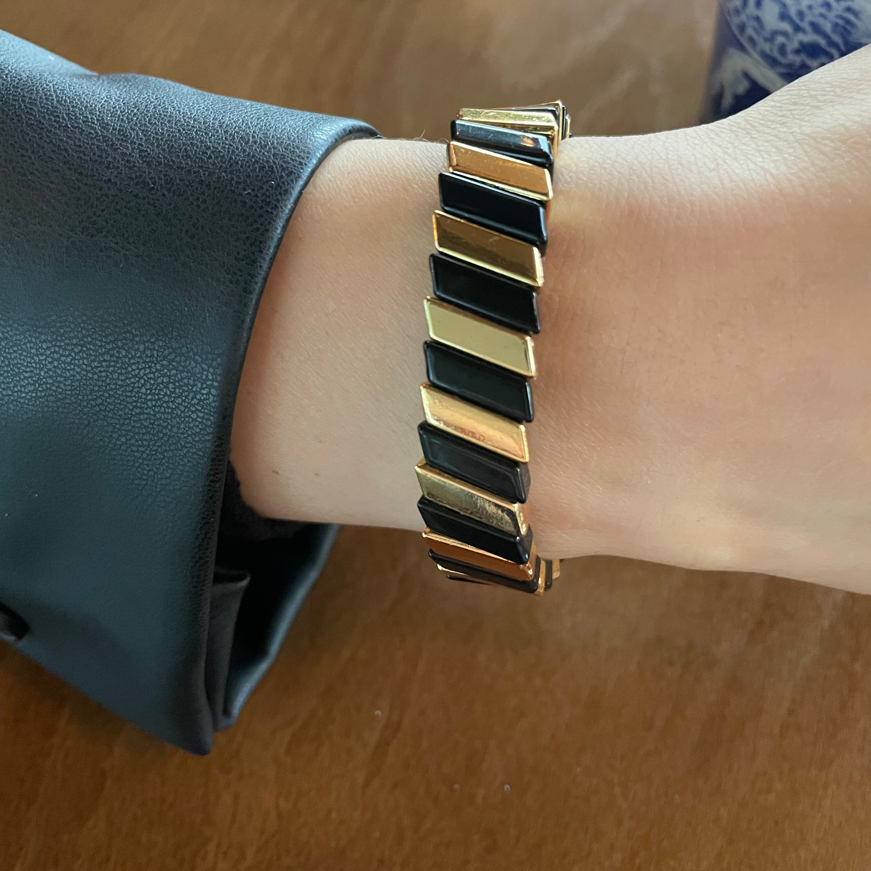 Black and Gold Plated Detailed Bangle Cuff Bracelet - Etsy