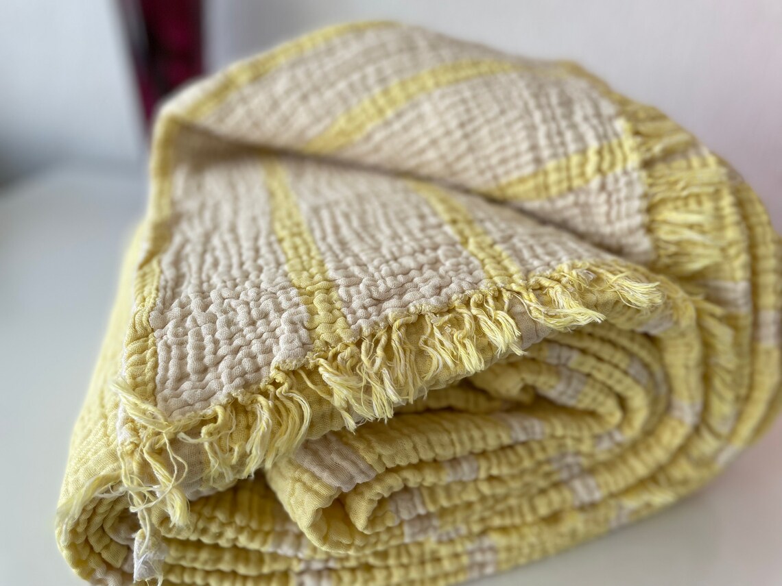 Cozy Striped Muslin Blanket, 100% Cotton Muslin Comfort Bedspread, Made ...