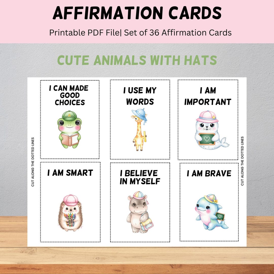 Kids Animals With Hats Affirmation Cards - 36 Printable Positive ...