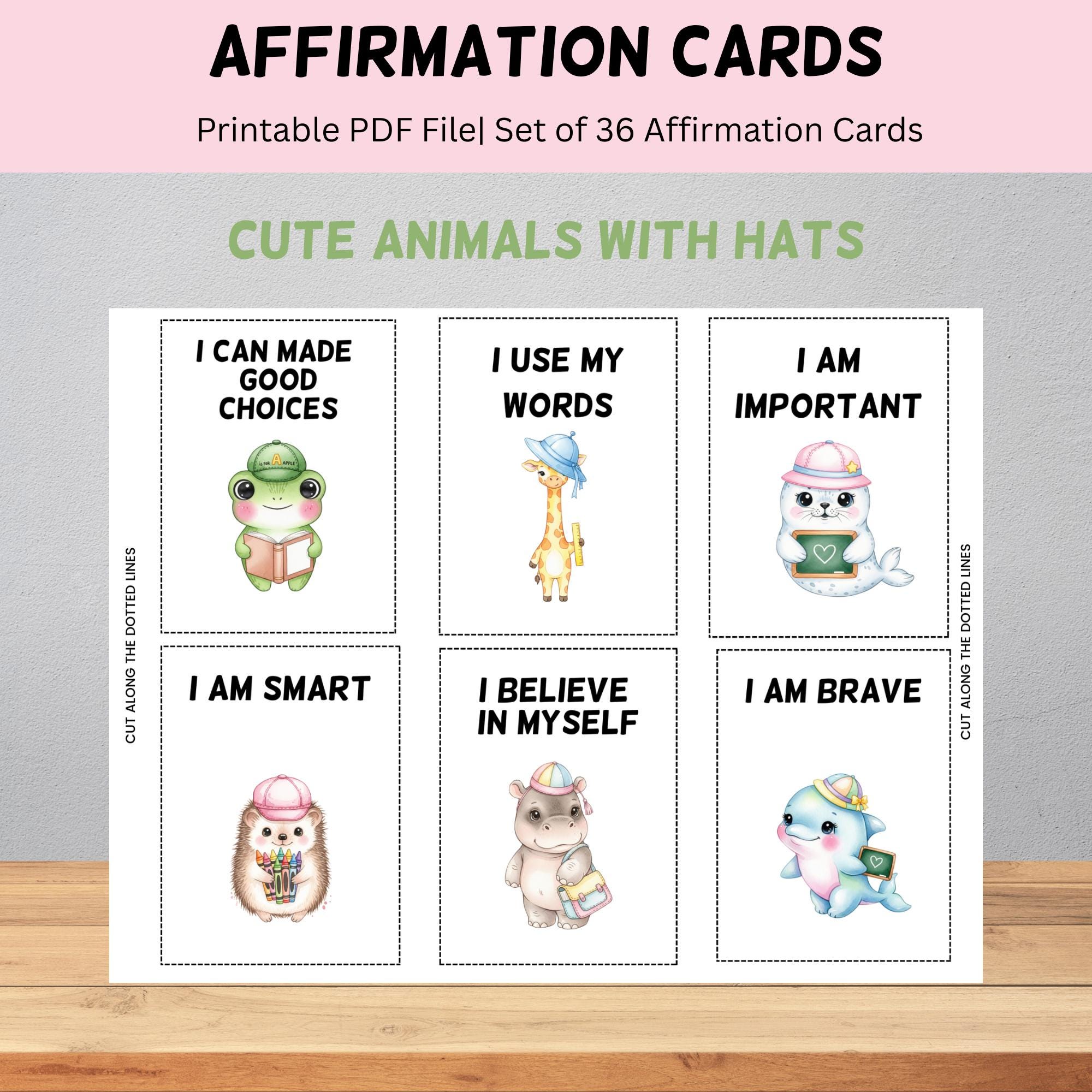 Kids Animals With Hats Affirmation Cards - 36 Printable Positive ...