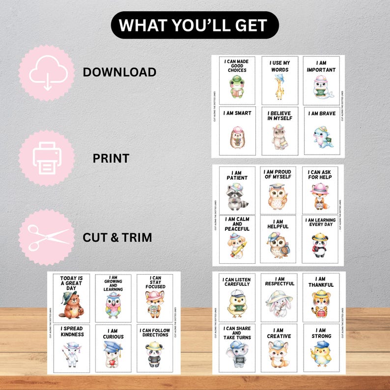 Kids Animals With Hats Affirmation Cards - 36 Printable Positive ...
