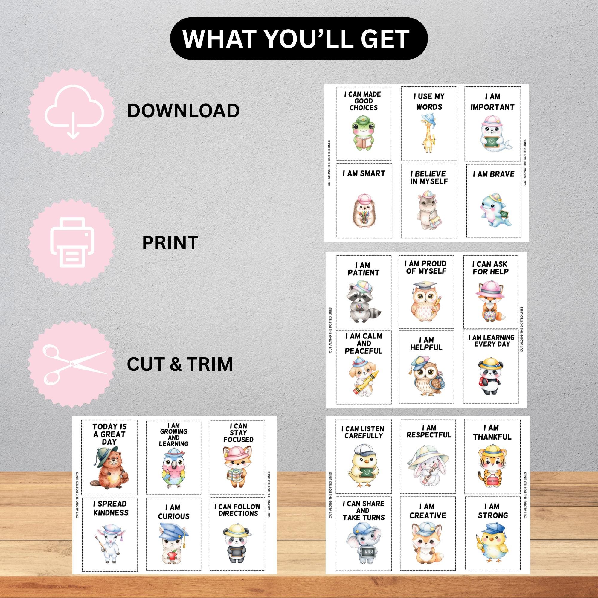 Kids Animals With Hats Affirmation Cards - 36 Printable Positive ...