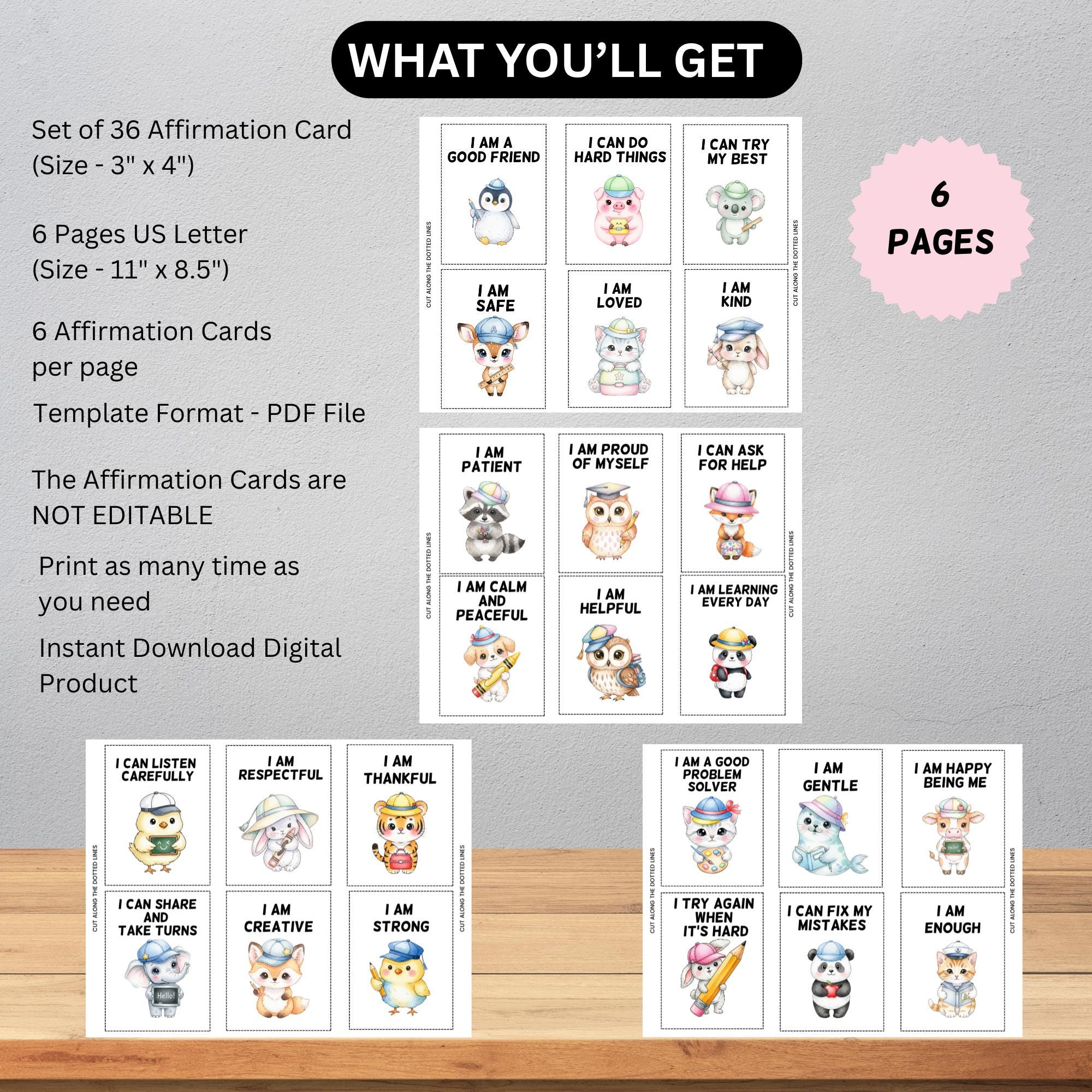 Kids Animals With Hats Affirmation Cards - 36 Printable Positive ...