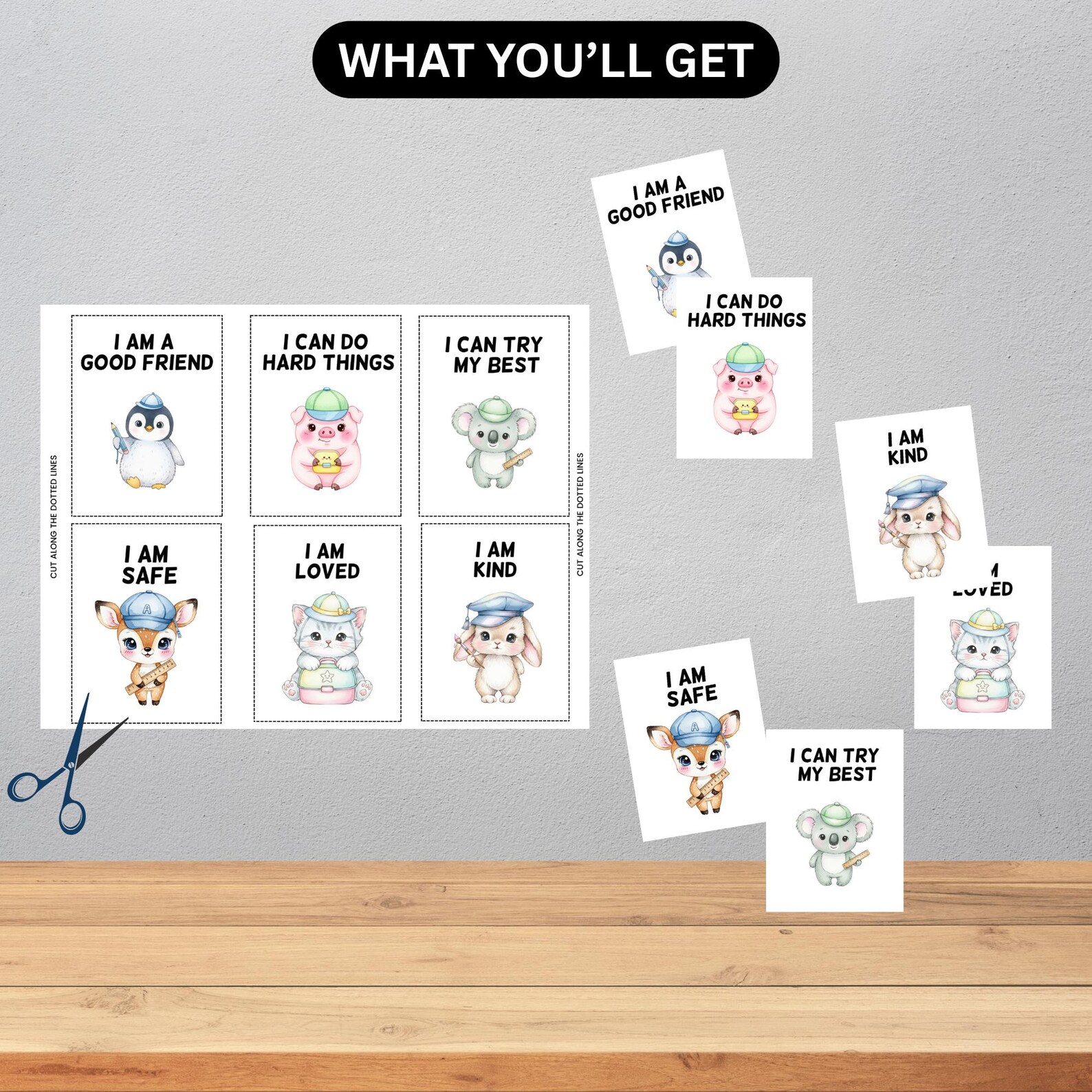 Kids Animals With Hats Affirmation Cards - 36 Printable Positive ...