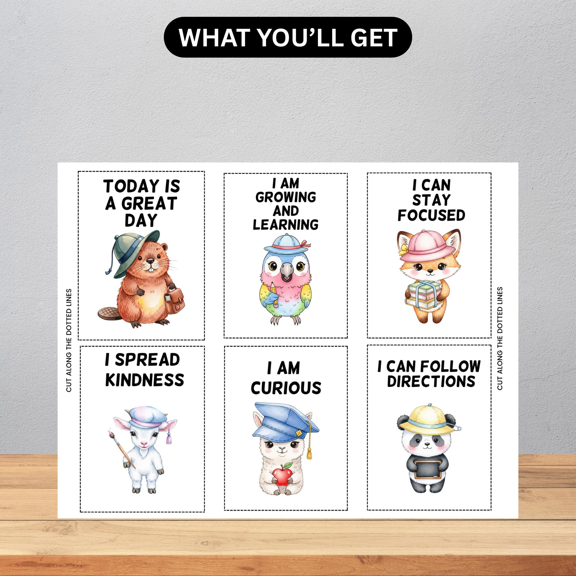 Kids Animals With Hats Affirmation Cards - 36 Printable Positive ...