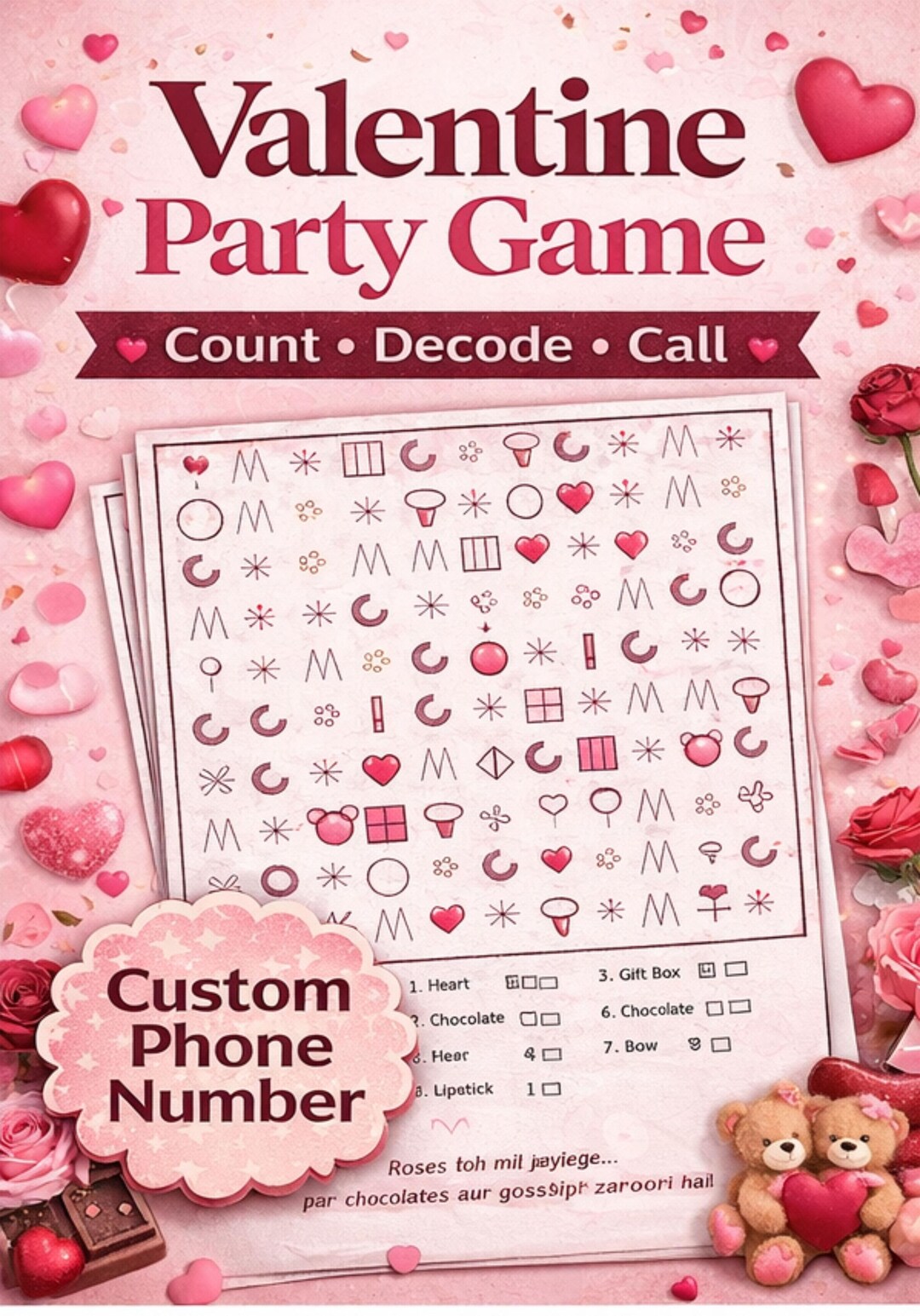 Valentine Theme Party Game Printable | Count & Call Game | Custom Phone ...