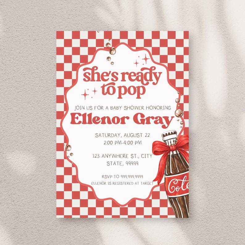 Baby Shower Invitation, Ready to Pop Soda Theme, Red Gingham (digital ...