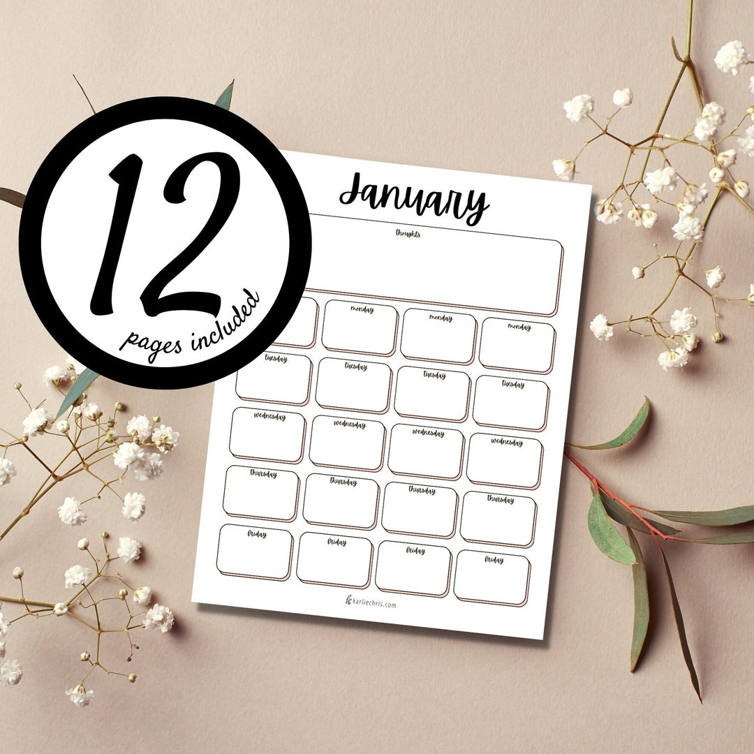 The Work Week Calendar, Blank Monthly Calendar, January-december Bundle ...