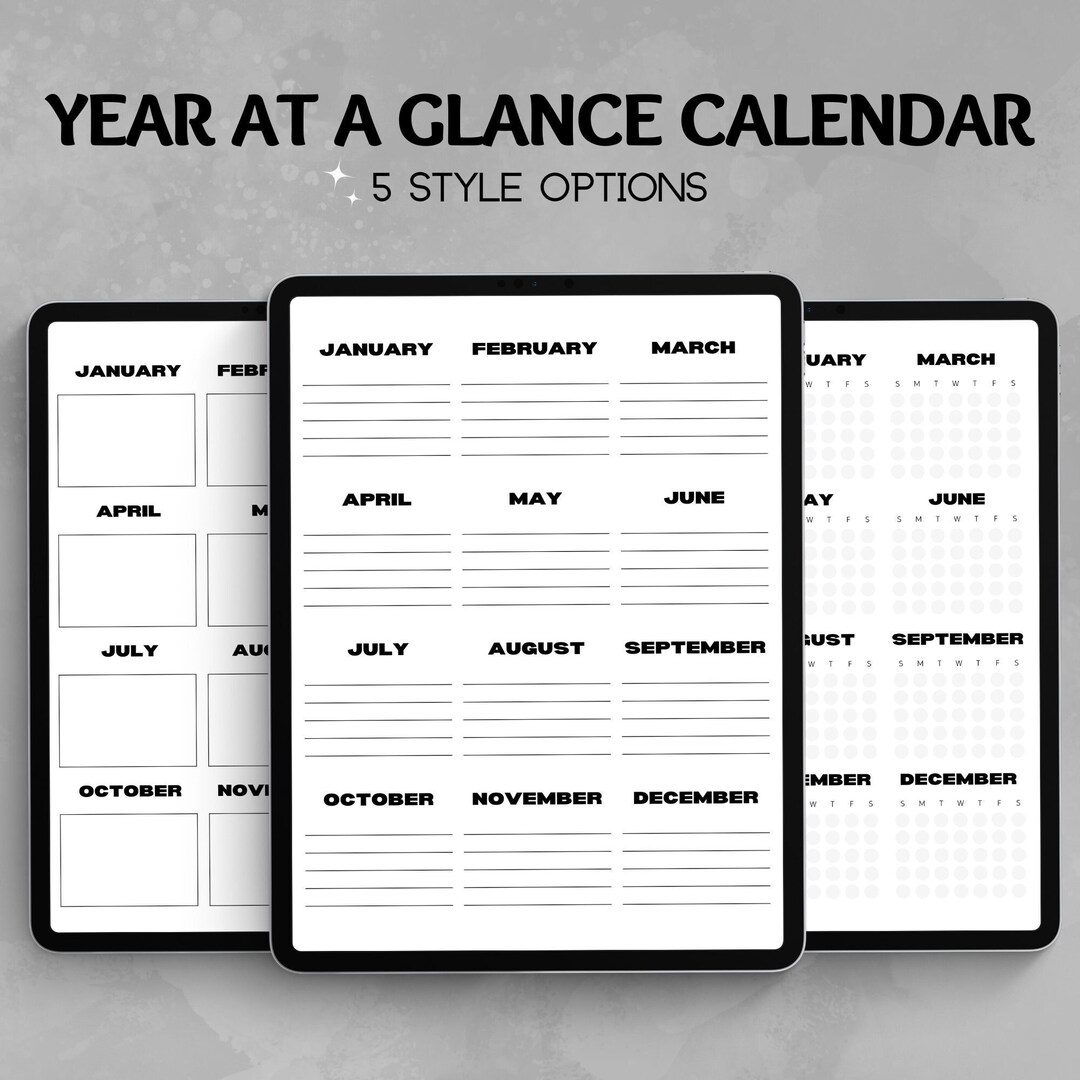 Year at a Glance Calendar, Digital Download, Printable PDF, iPad Yearly ...