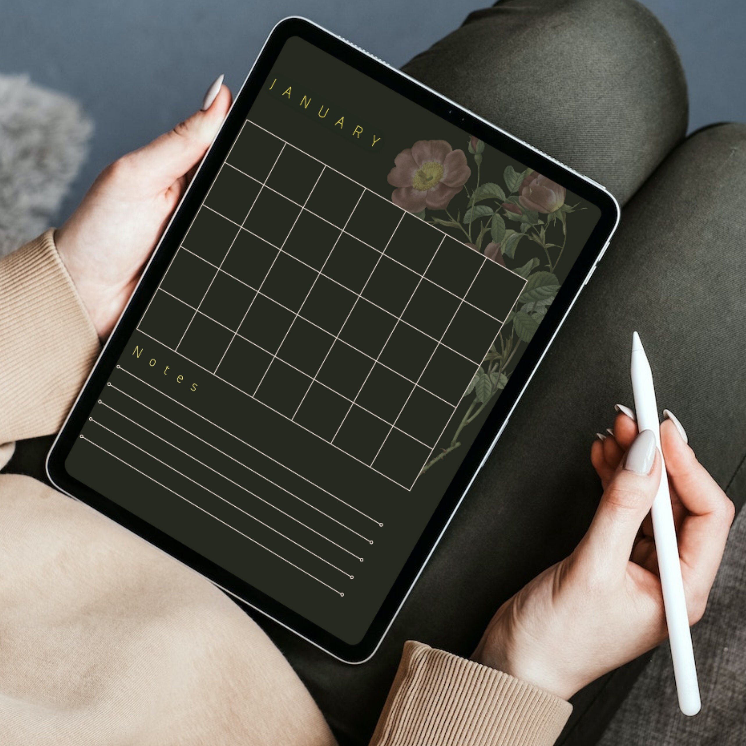 Digital Planner, Dark Mode, Moody Floral Monthly Calendar, Productivity ...