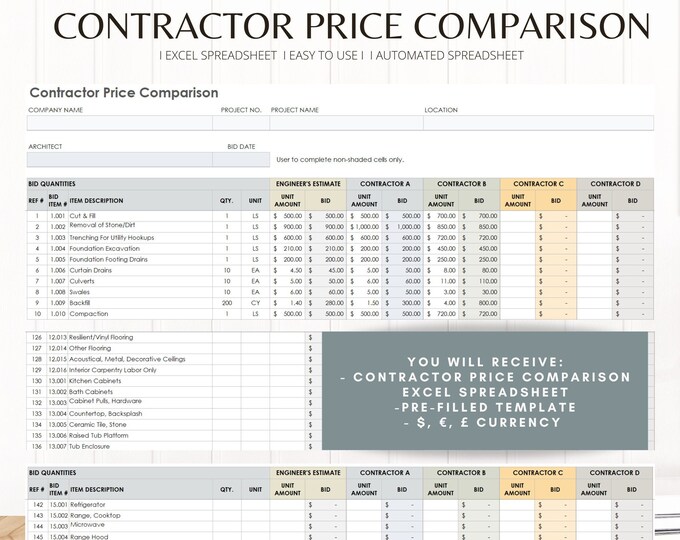 Detailed Contractor Price Comparison Excel Template, Construction ...