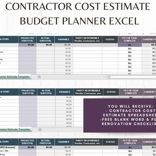 Digital Contractor Cost Estimate Spreadsheet Digital - Etsy