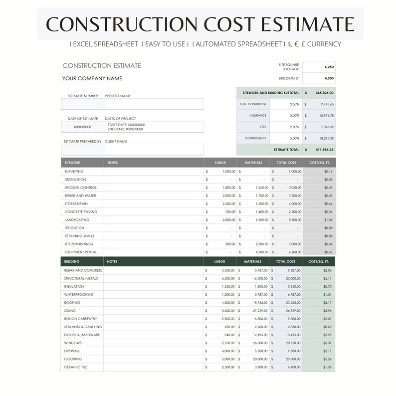 Construction Cost Estimate Template, Contractor Estimate Planner - Etsy