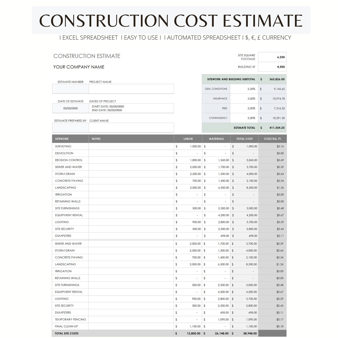 Construction Cost Estimate Template Contractor Estimate - Etsy