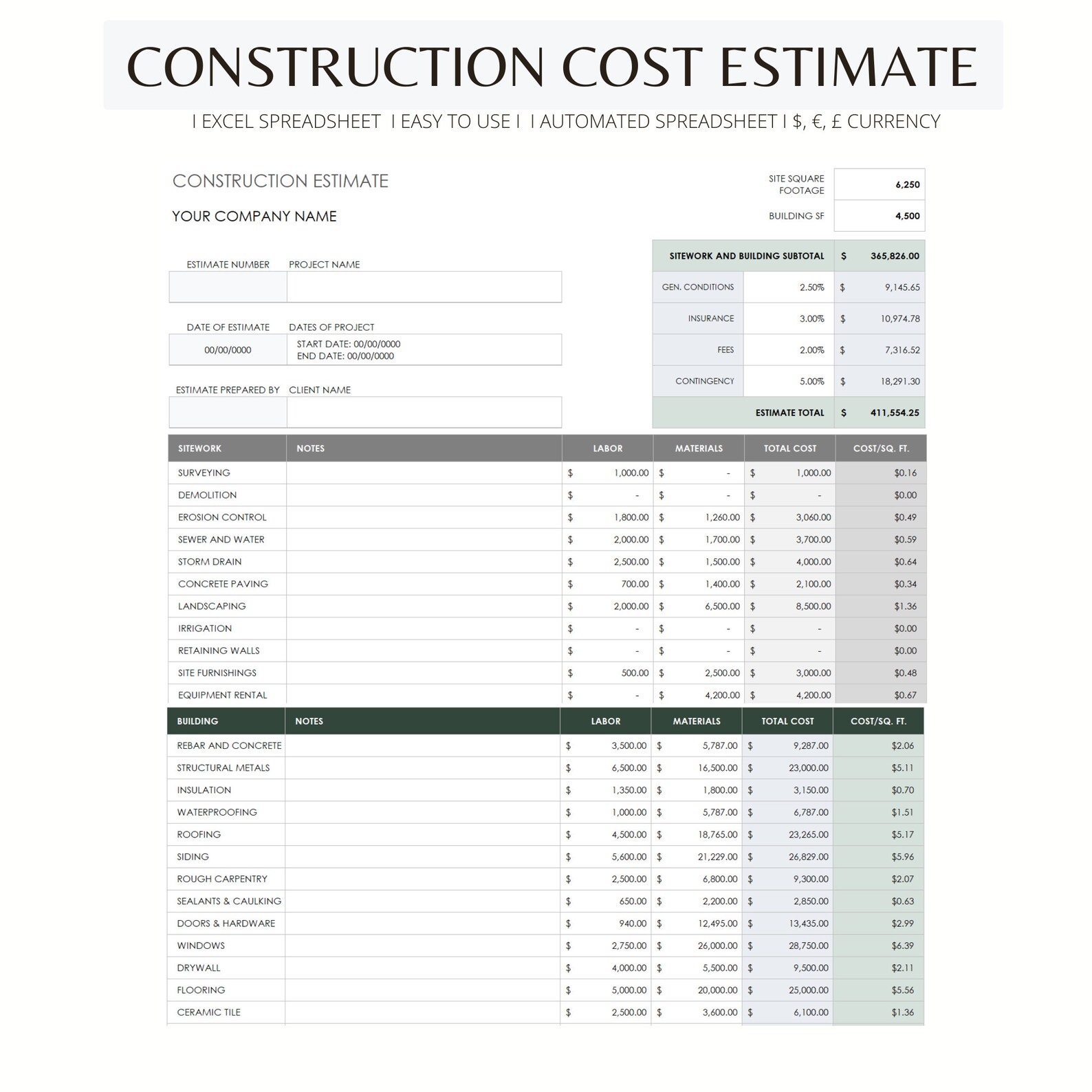 Construction Cost Estimate Template, Contractor Estimate Planner - Etsy