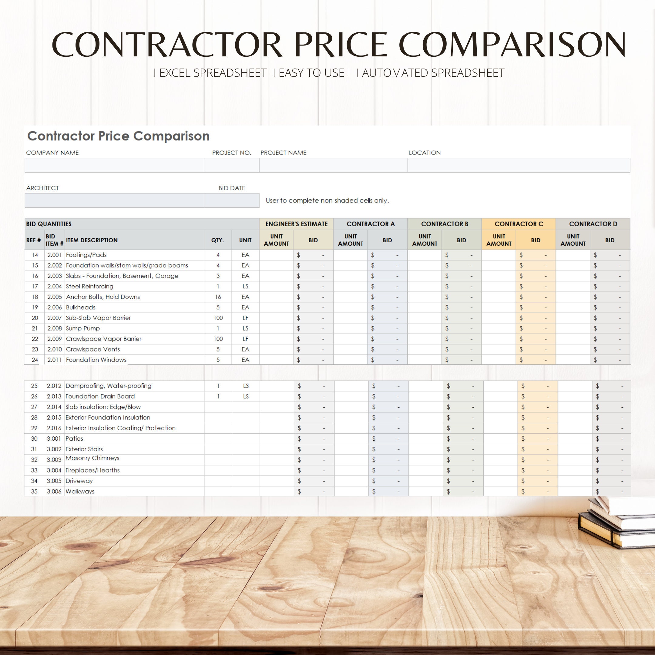 Detailed Contractor Price Comparison Excel Template, Construction ...