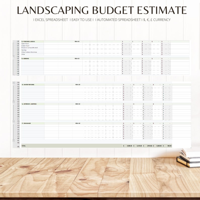 Landscaping Budget Estimate Template, Landscaping Spreadsheet, Excel ...