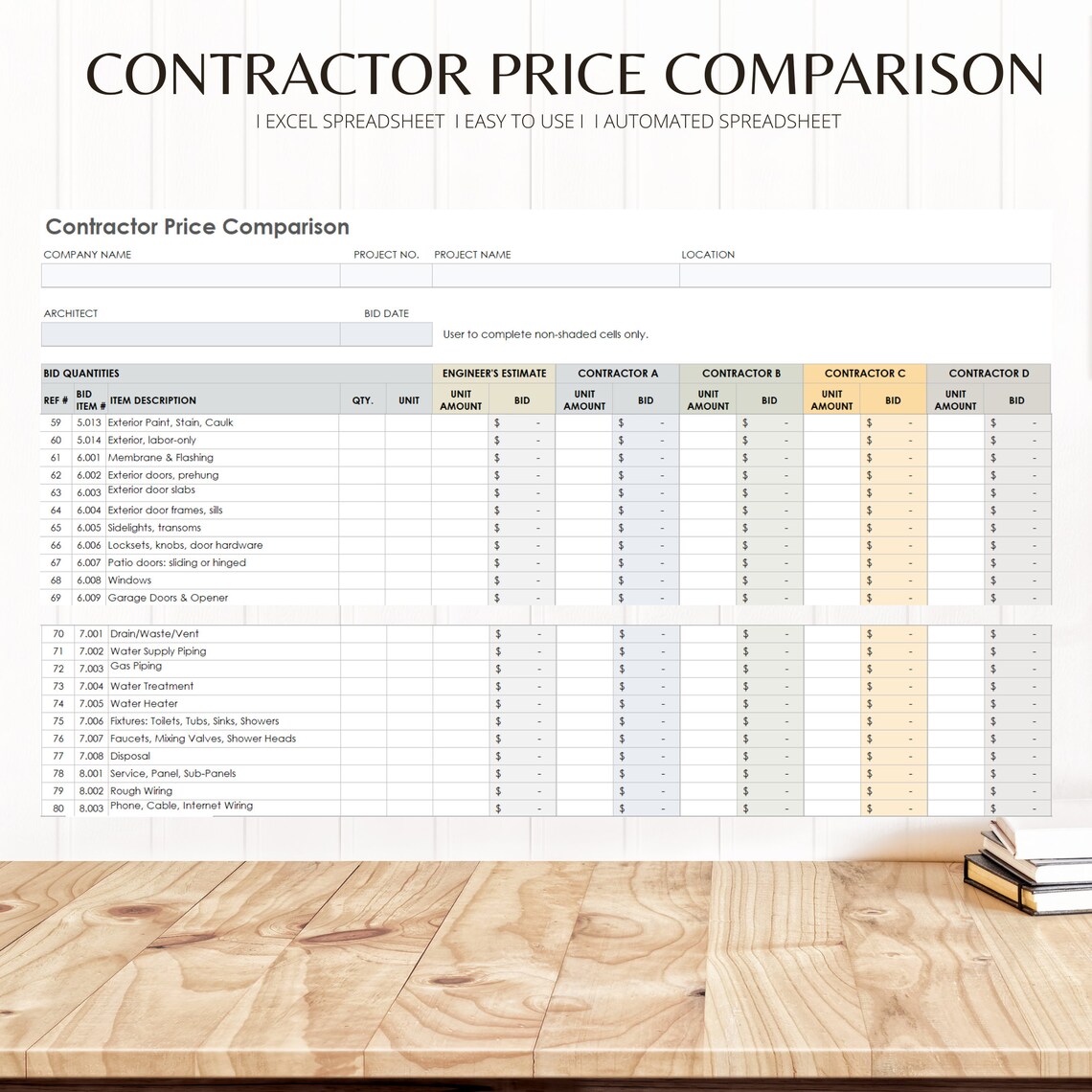 Detailed Contractor Price Comparison Excel Template - Etsy