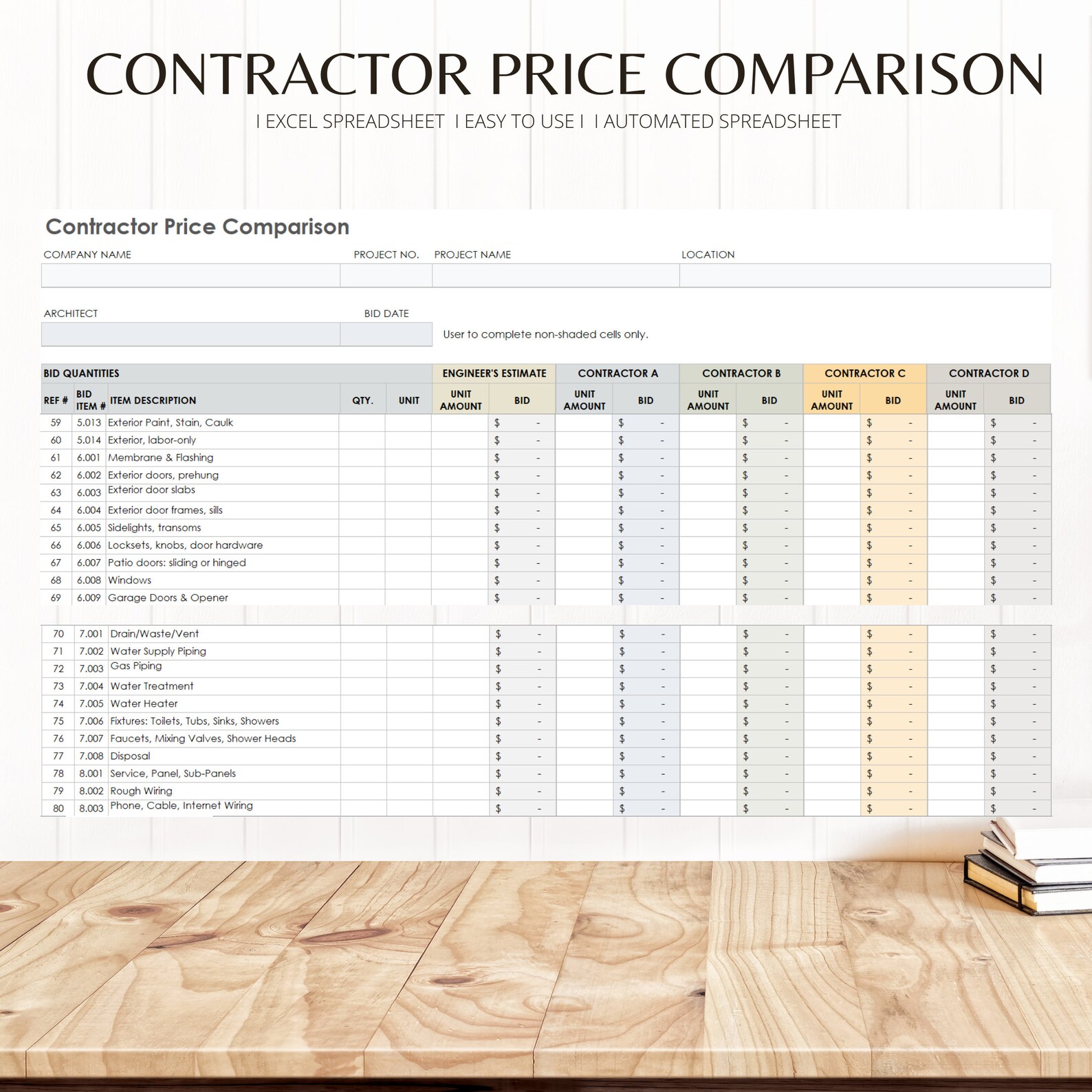 Detailed Contractor Price Comparison Excel Template, Construction ...