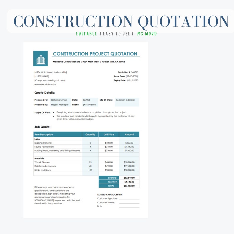 Construction Project Quotation, Contractor Cost Estimate Template - Etsy Construction Project Quotation, Contractor Cost Estimate Template - Etsy