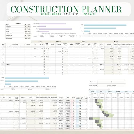 Construction Budget Cost Spreadsheet Construction Project - Etsy