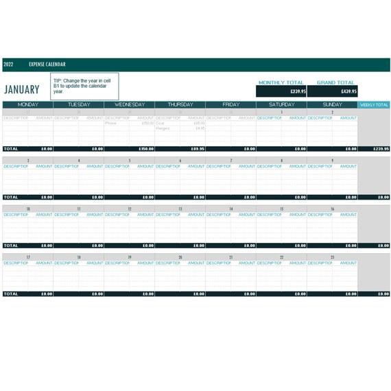 Monthly Excel Calendar Template