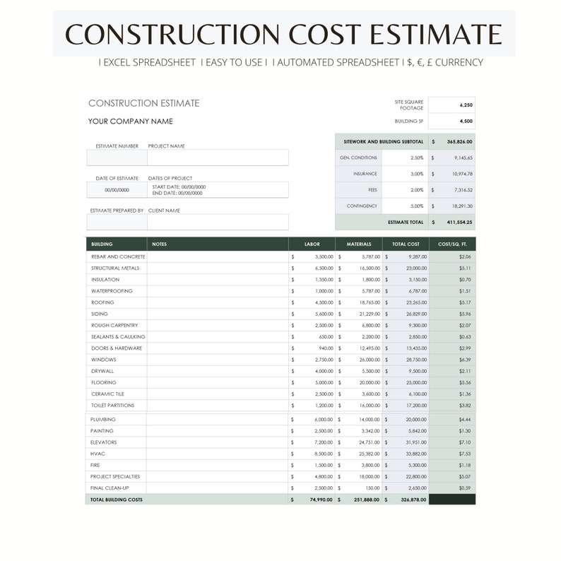 Construction Cost Estimate Template, Contractor Estimate Planner - Etsy