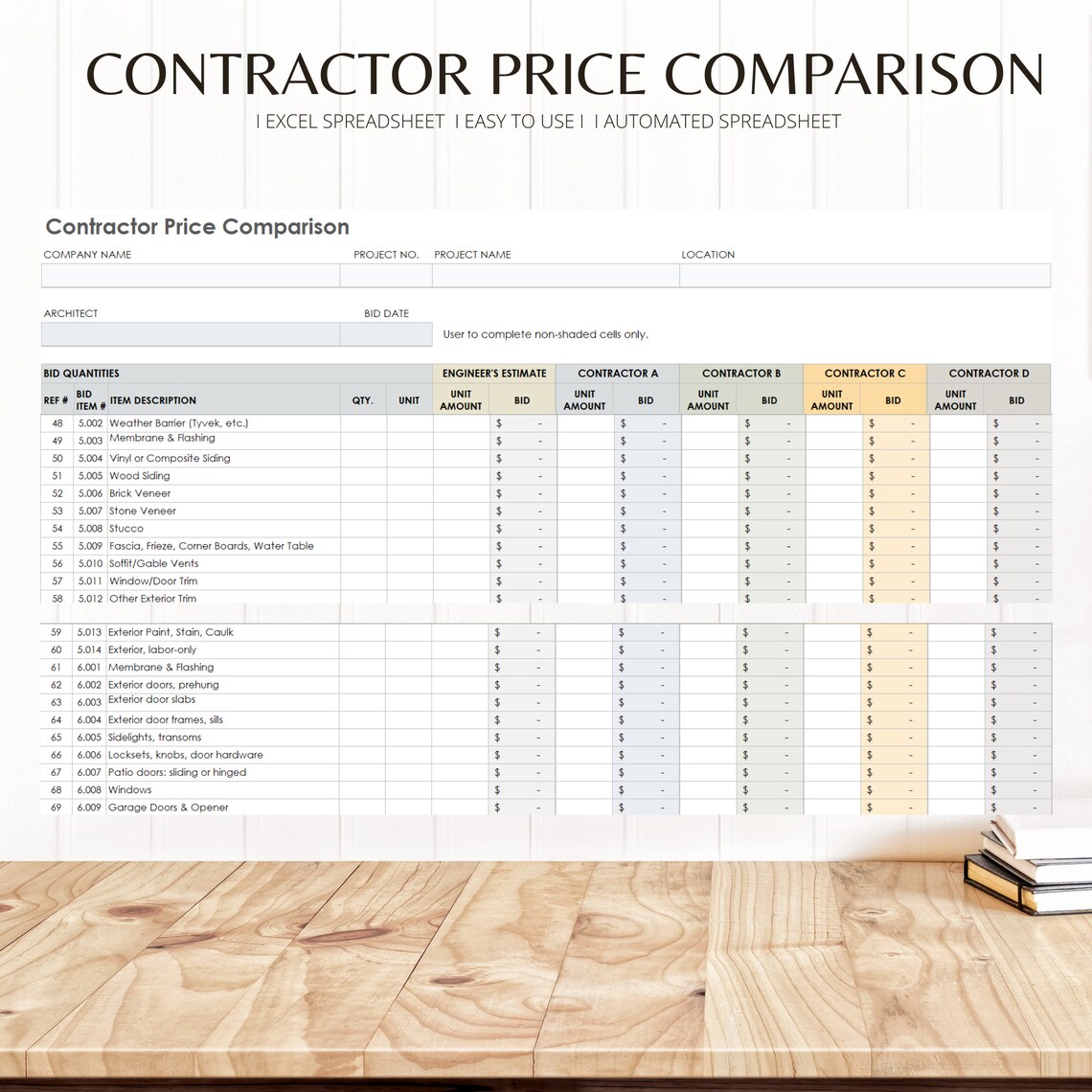 Detailed Contractor Price Comparison Excel Template - Etsy
