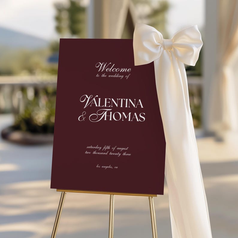 Modern Burgundy Wedding Welcome Sign, Printable Digital Wedding Sign ...
