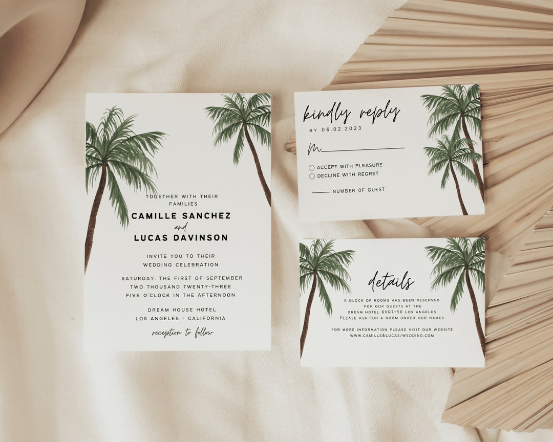 Destination Wedding Invitation, Palm Tree Wedding Invitation Template ...