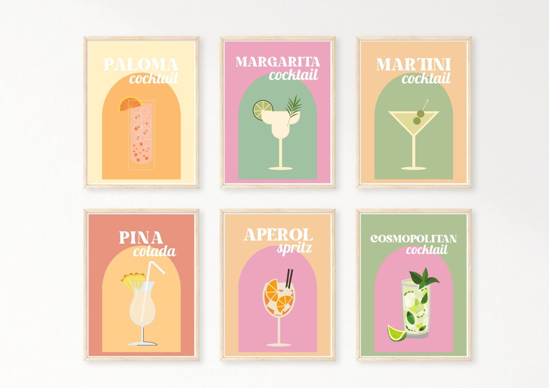 Cocktail Print Set of 6, Cocktail Poster Print, Retro Cocktail Posters ...