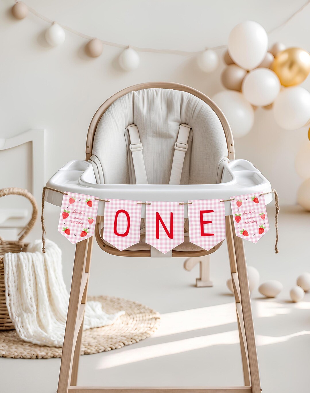 Strawberry High Chair ONE Banner, Pink Gingham First Birthday ...