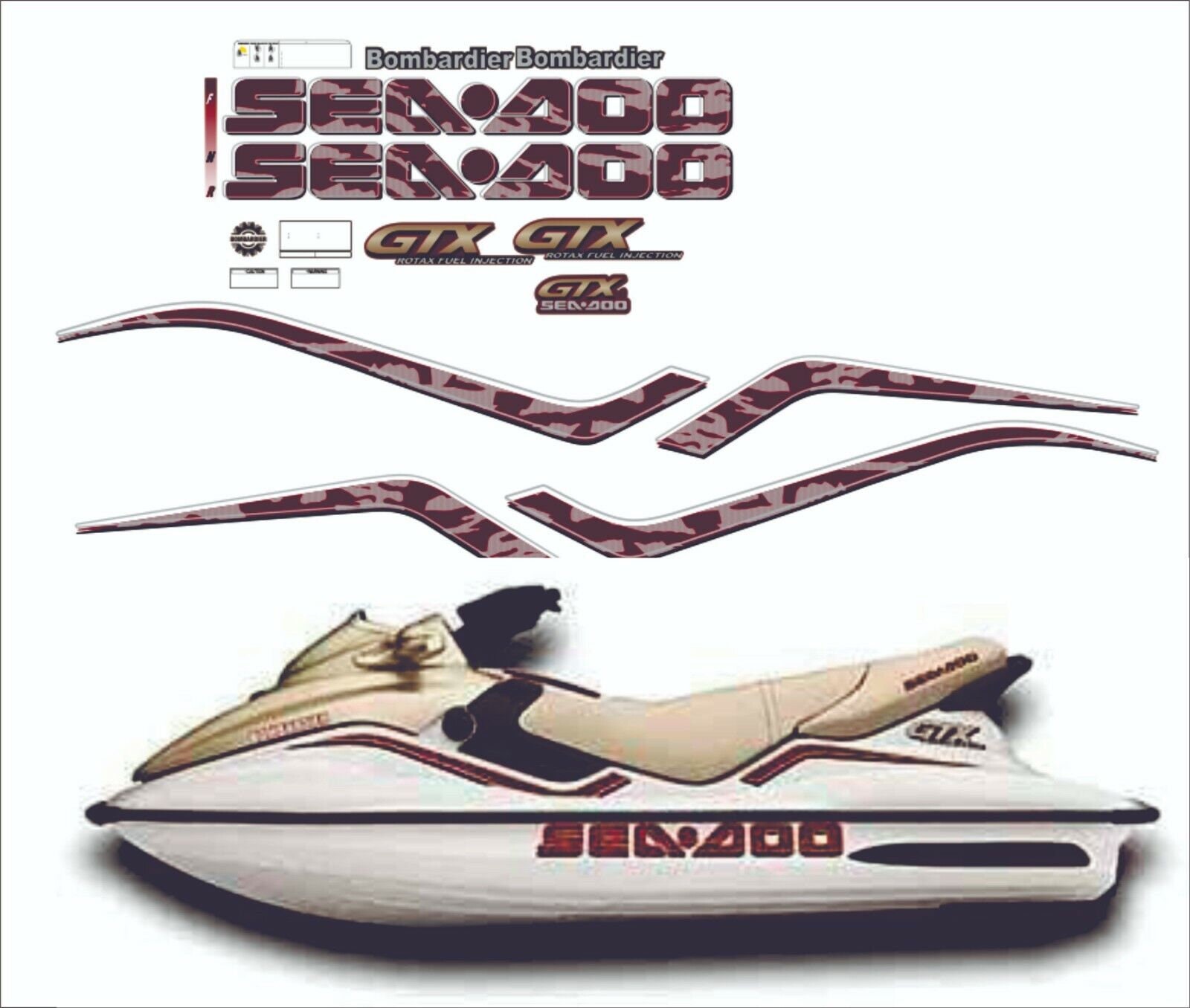 SEADOO GTX RFI 1999 Graphics / Decal / Sticker Kit Burgandy - Etsy