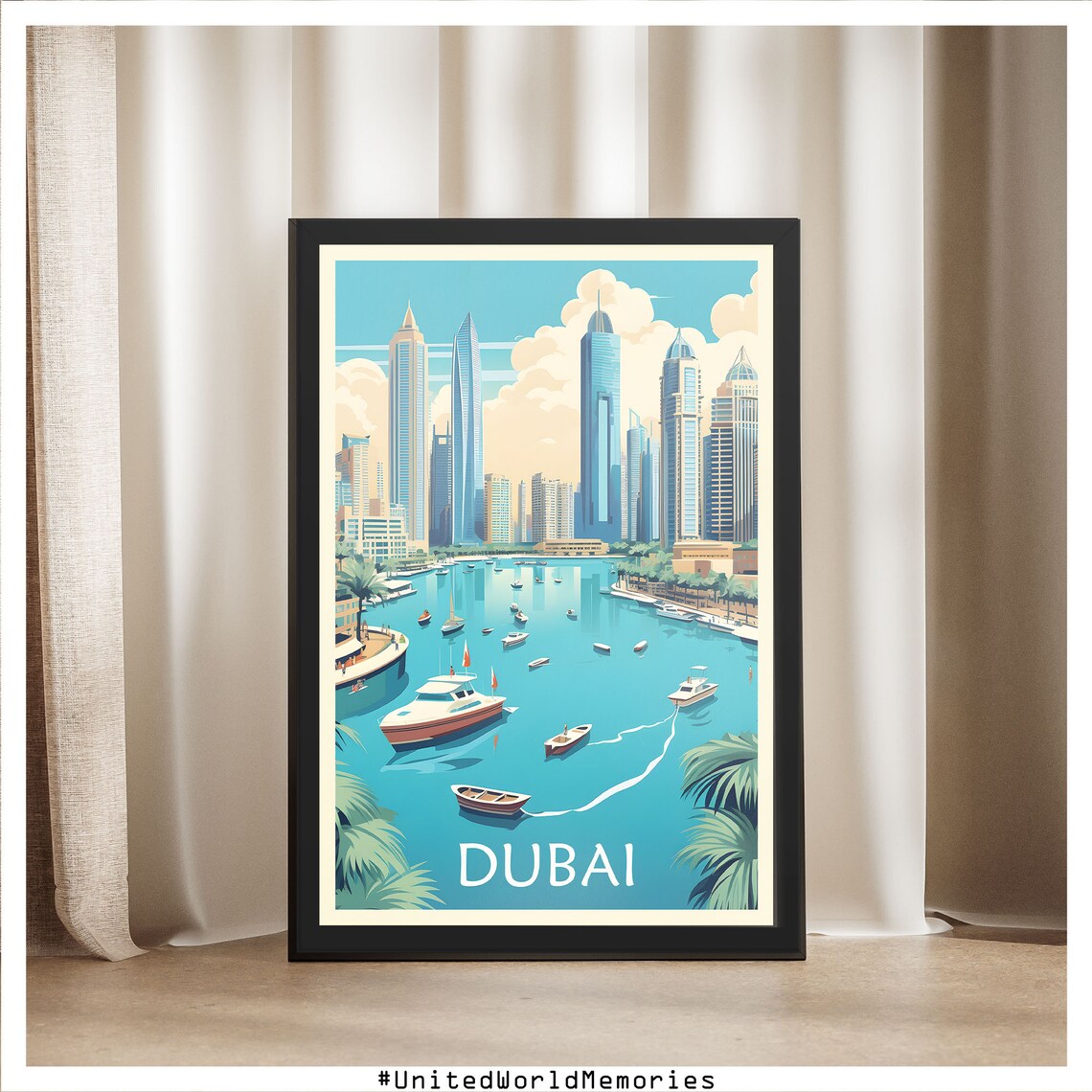 Dubai Marina Poster, Dubai Travel Poster, UAE Poster, Dubai Vintage ...