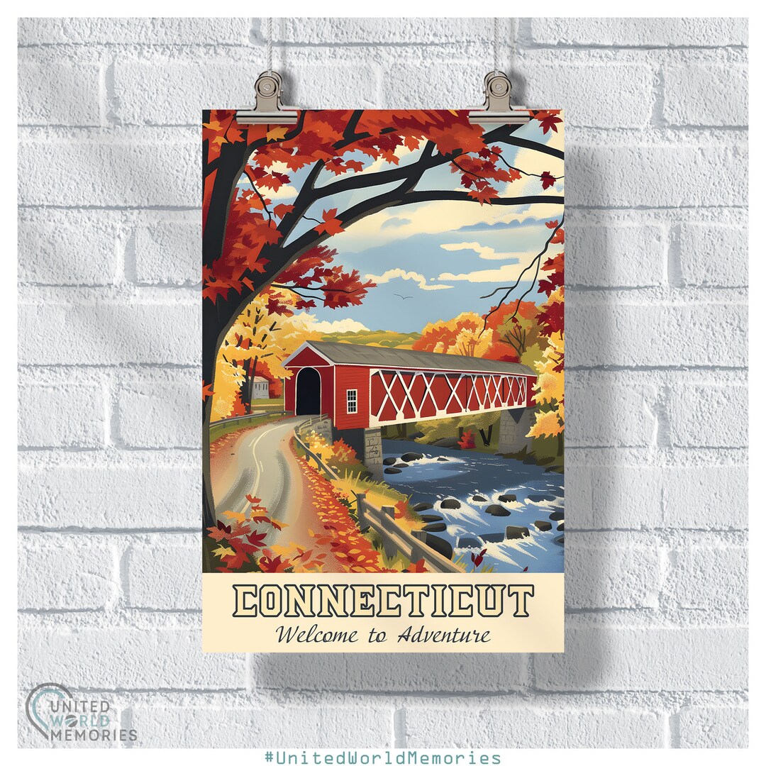 Connecticut Covered Bridge Poster, Connecticut Travel Print, United ...