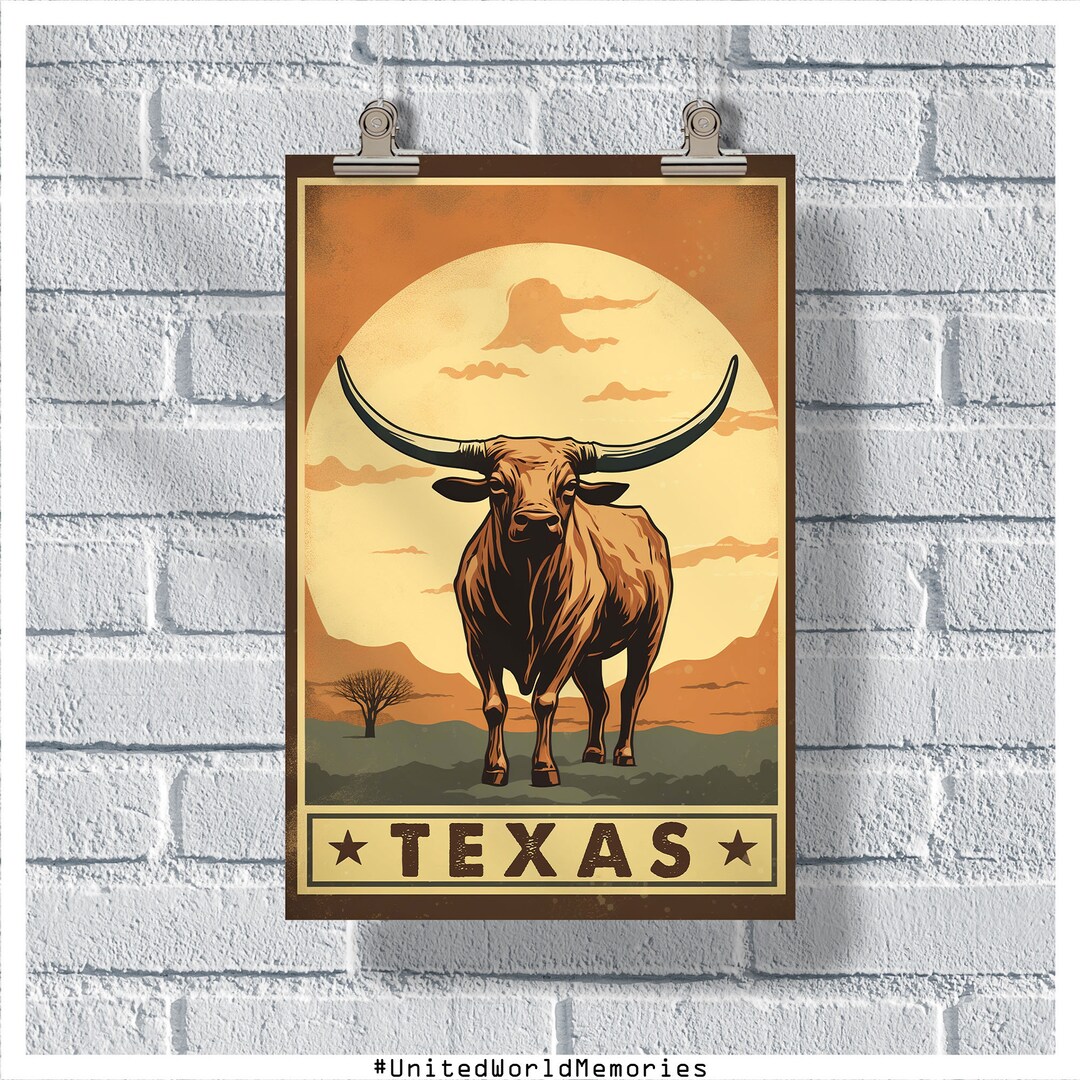 Texas Travel Poster, Texas Longhorn Poster, Texas Vintage Poster, Wall ...