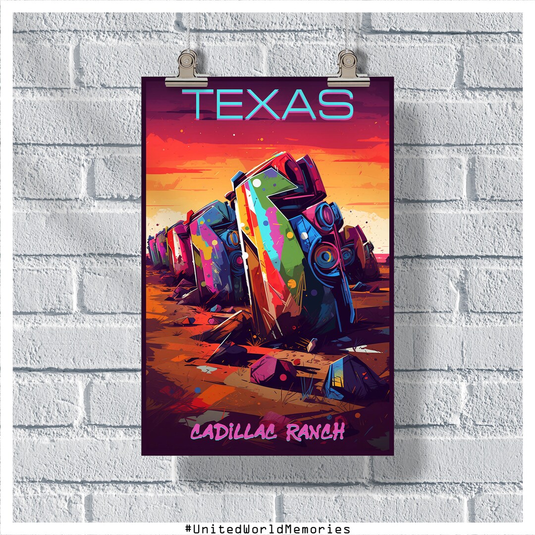 Texas Travel Poster, Cadillac Ranch Poster, Texas Vintage Poster, Wall ...