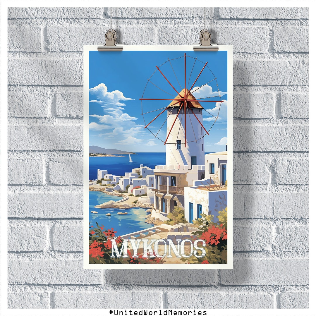 Mykonos Travel Poster, Mykonos Windmills Poster, Greece Poster, Mykonos ...