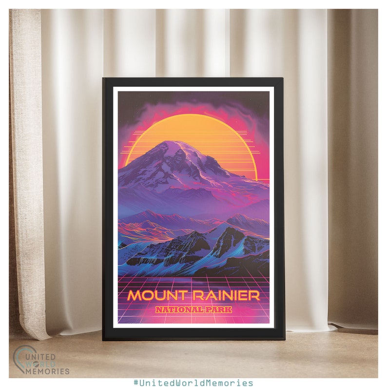 Mount Rainier National Park Retro 80s Poster, Mount Rainier Prints, National Parks Wall Art, US ...
