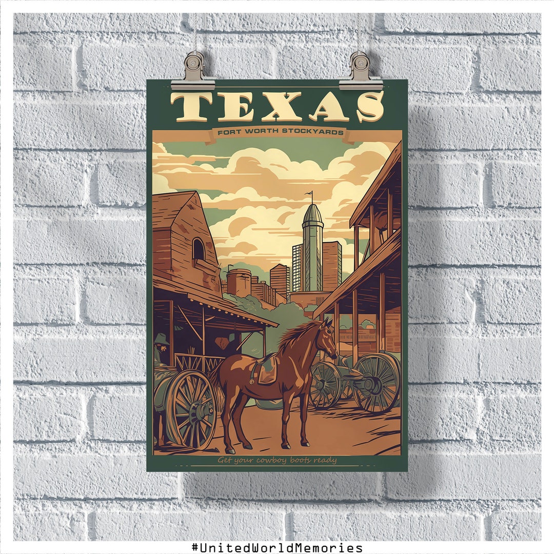 Texas Travel Poster, Fort Worth Stockyards Poster, Texas Vintage Poster ...